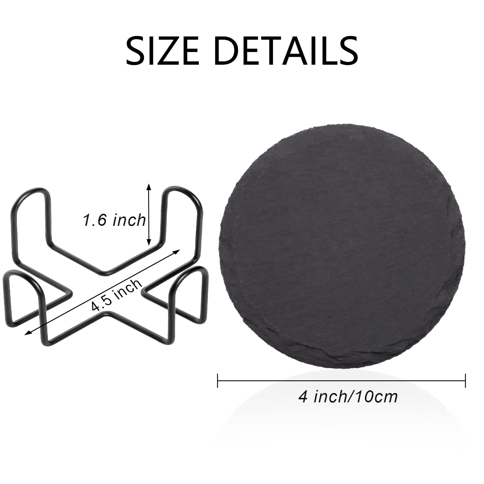 4 PCS Round Slate Drink Coasters Set, SIJDIEE 4 Inch Black Slate Stone Coasters with Anti-Scratch Bottom and Coaster Holder for Office Bar Kitchen Home Dinner Table Decor Supplies
