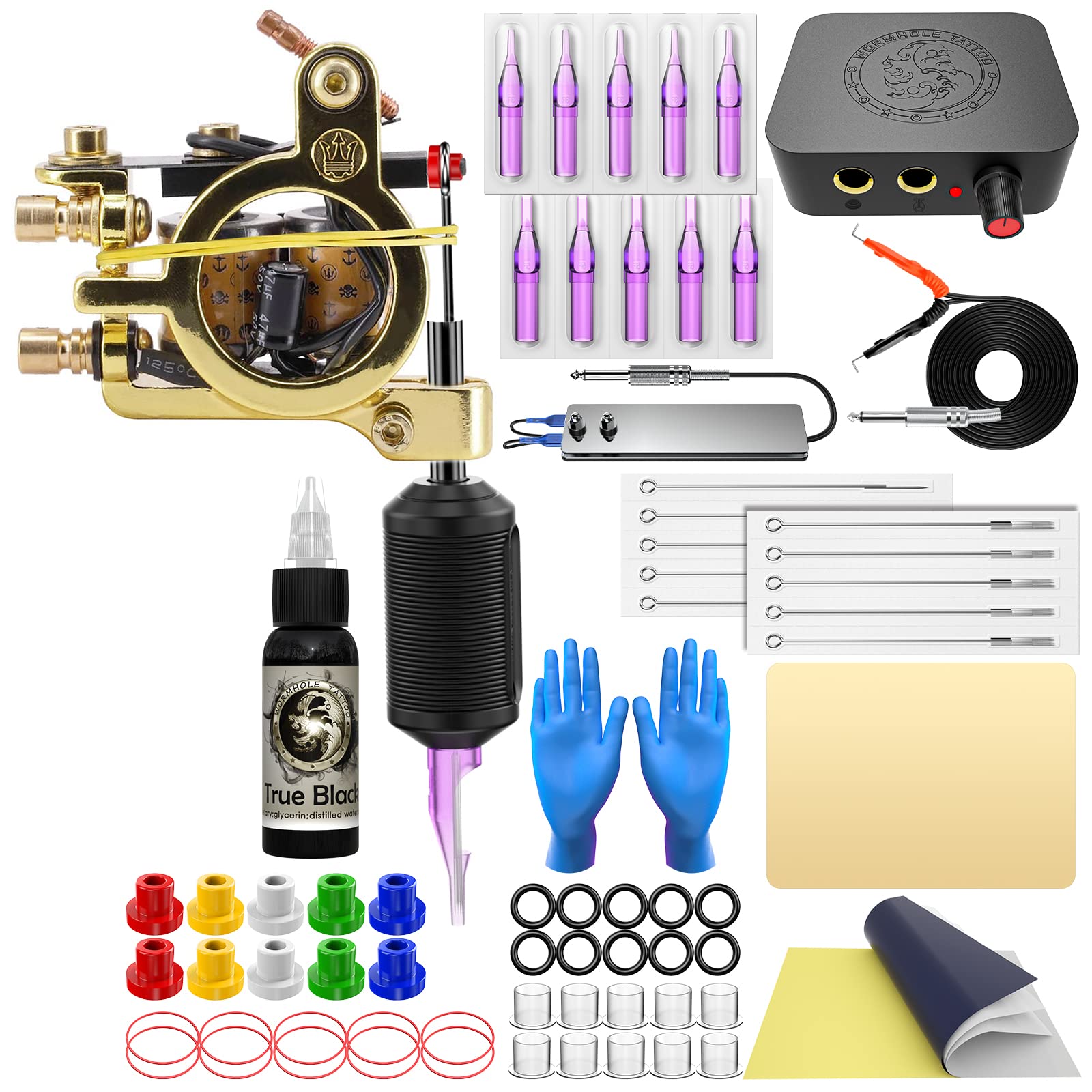 Wormhole Tattoo Complete Tattoo Kit for Beginners Tattoo Power Supply Kit 1 Pro Tattoo Machine Machine 10 Tattoo Needles Foot Pedal Grips Tips TK124