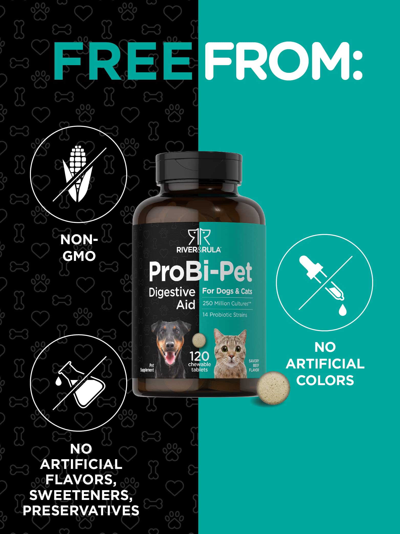 Horbäach Probiotics for Dogs & Cats | 120 Chewable Tablets | Digestive Aid | with 14 Probiotic Strains | Savory Beef Flavored Pet Supplement | by River & RULA