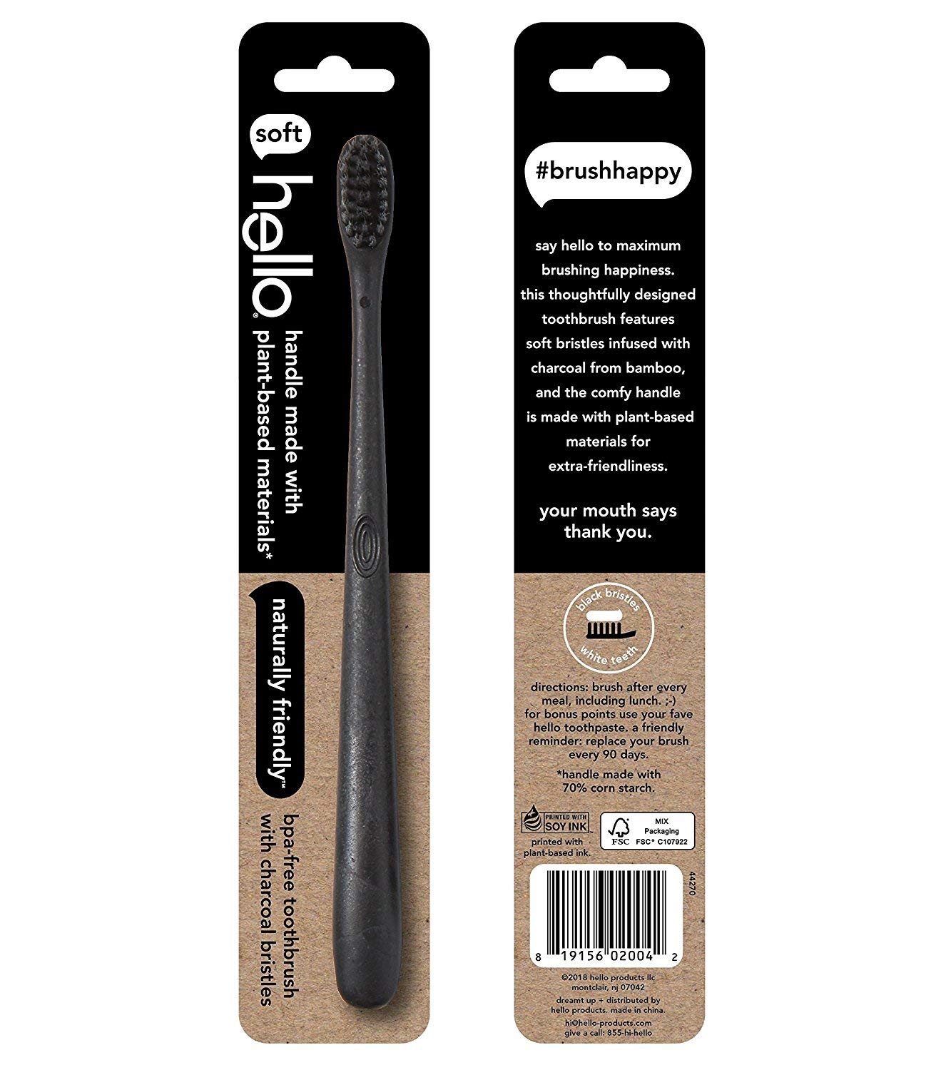 Hello Charcoal Infused Soft Bristle Toothbrush, Black, BPA Free, Vegan, Plant Based Handle, 1 Count (Pack of 6)