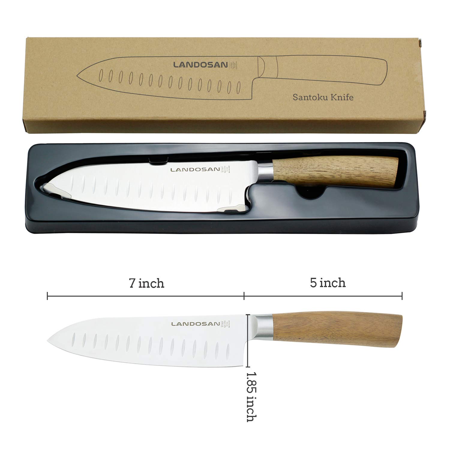 LANDOSAN Santoku Knife 7 inch Kitchen Knives Vegetable Stainless Steel Blade Genuine Wood Handle Cutlery for Home Kitchen and Restaurant…