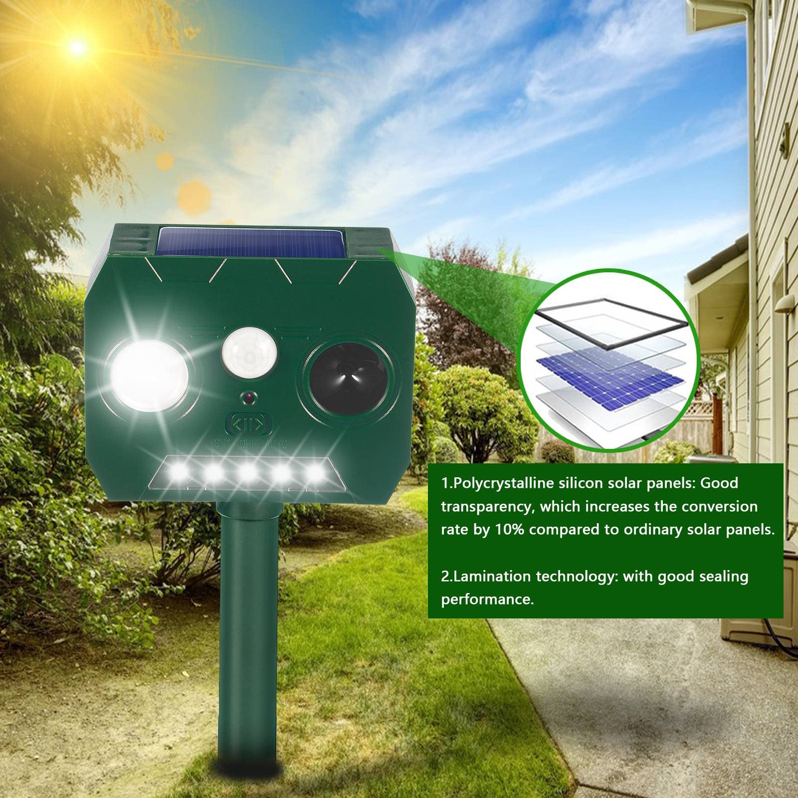 4 Pcs Solar Ultrasonic Animal Repellent Outdoor Waterproof Animal Deterrent Devices with Motion Sensor & 5 Strobe Lights & Explosive Flash Light & Speaker for Stray Cat Deer Dog Rabbit Raccoon Coyote