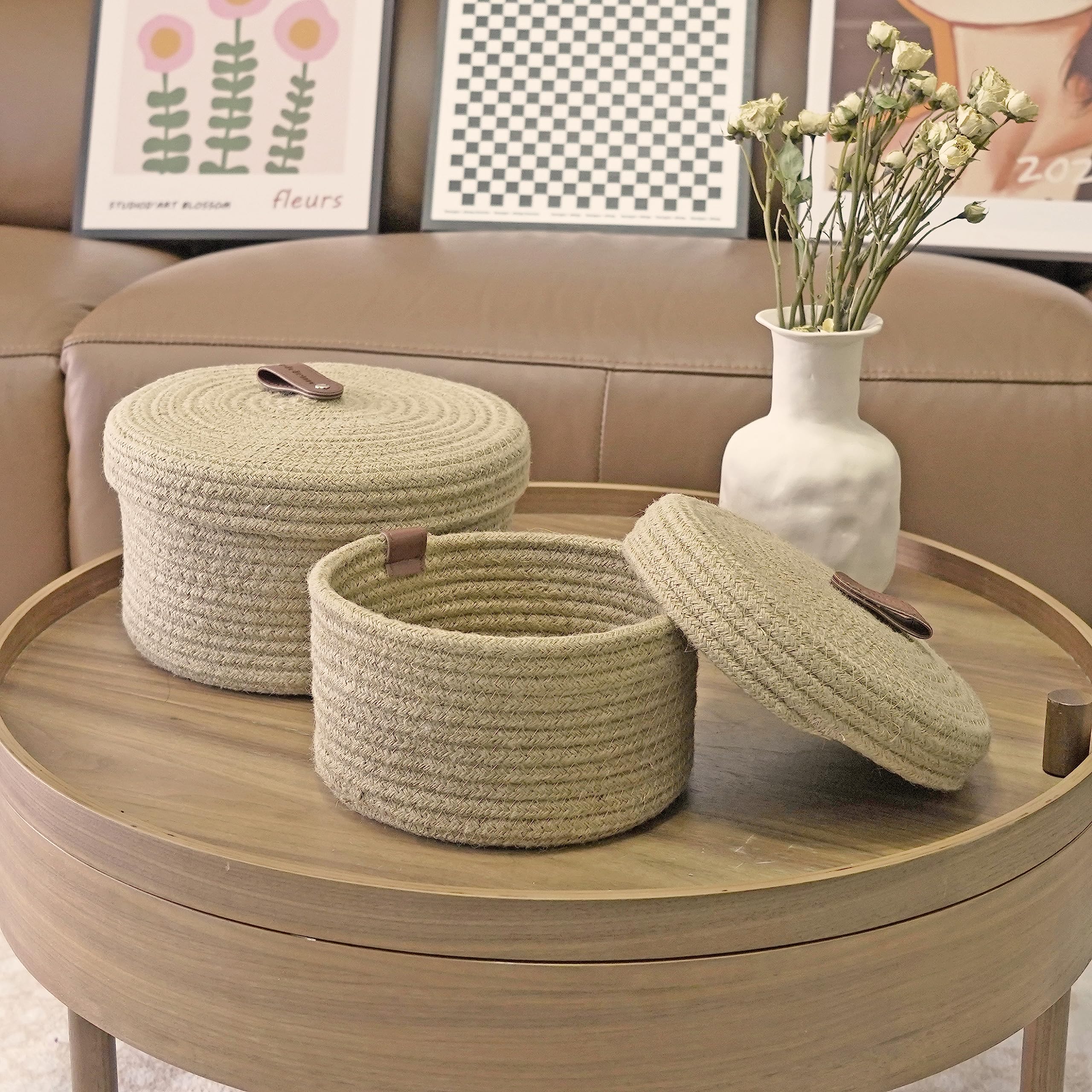 Aplolemo Jute Rope Basket with Lid,Decorative Woven Baskets with Lids,Leather Design Lidded Round Basket,Small Basket with lid,Storage Baskets with Lids-Set of 2(10"x6"/8.5"x5")