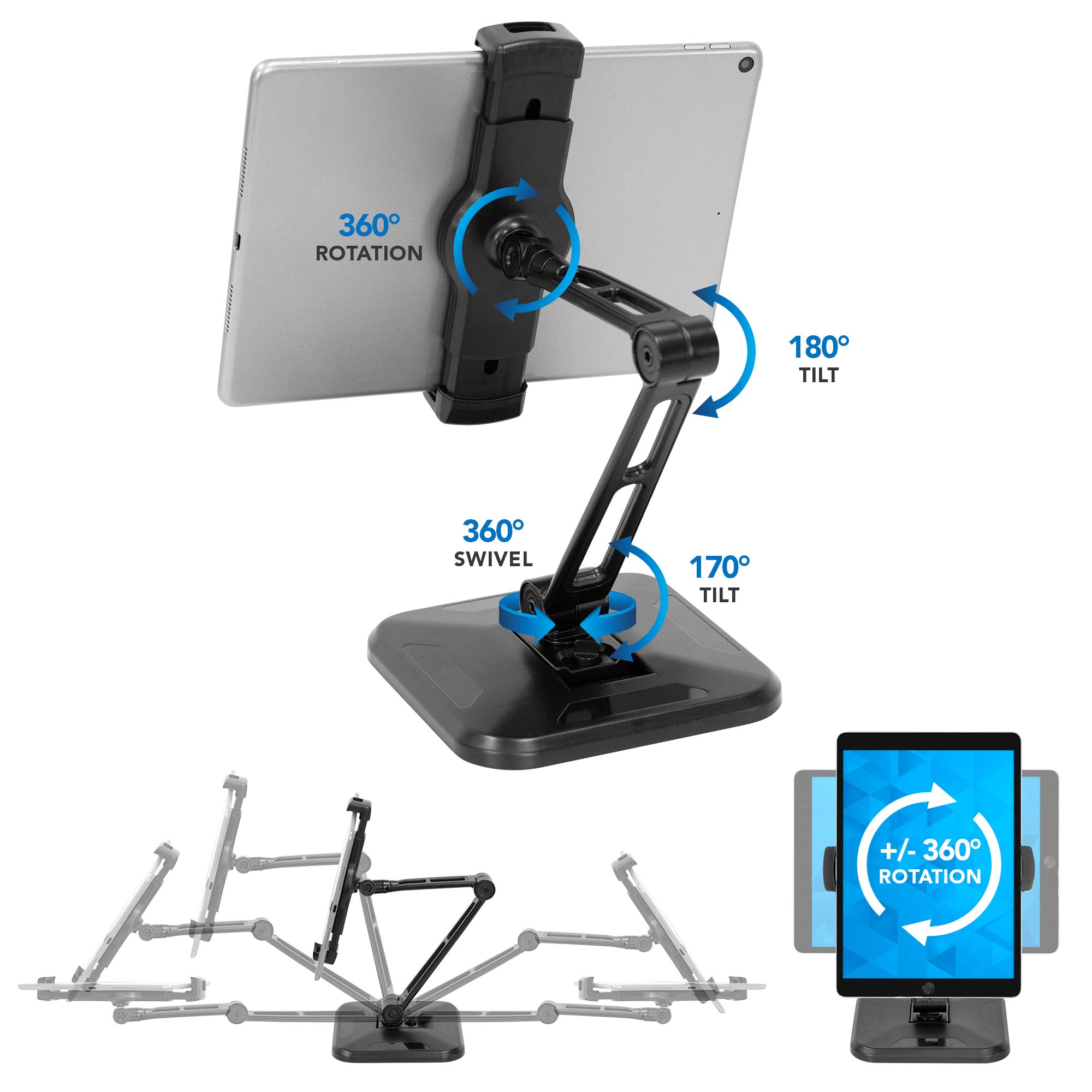 Mount-It! Adjustable iPad Wall and Counter Mount [Fits Screens 4.7" to 12.9"] 360 Degree Full Motion Rotation and Swivel Desktop Tablet and Phone Stand, Large Base, Holder Cabinet (Black)