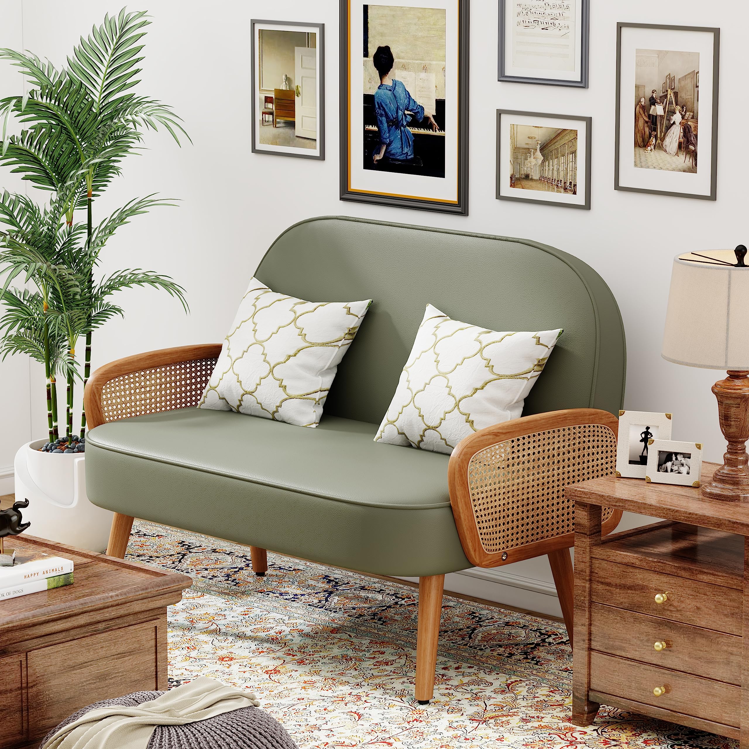Aklaus 45" W Faux Leather Small loveseat with Natural Rattan Arms,Upholstered Modern Mini Sofa Couch Love Seat Settee Bench with Back for Living Room Bedroom Office Small Space Entryway Green