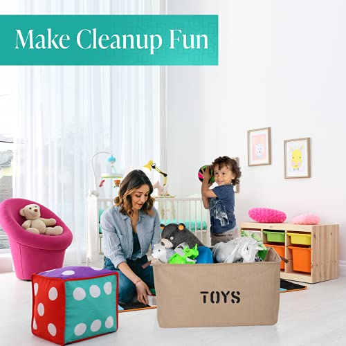 Woffit Toy Organizer Baskets - Set of 2 Collapsible Kids Toy Boxes w/Leather Handles - Living Room, Nursery and Playroom Storage & Organization, Beige