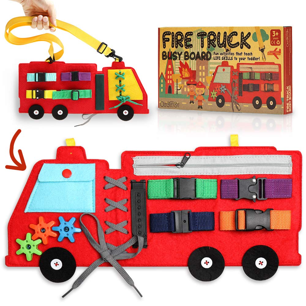 Busy Board for Toddlers 1-3 or 2-4, Firetruck Preschool Educational Early Learning Toy, Basic Life Skills and Fine Motor Montessori Activities for Kids, Learn to Dress Sensory Toy as Travel Game