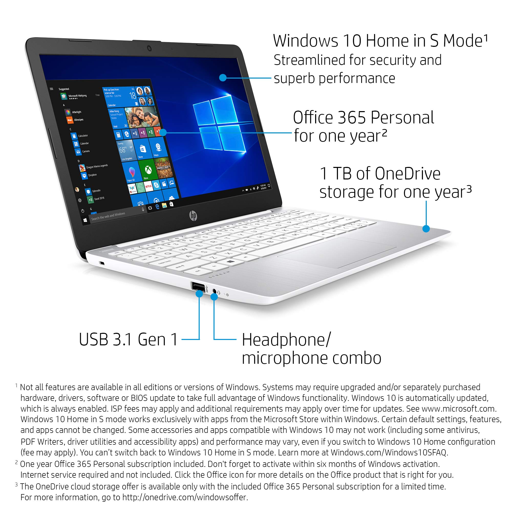 HP Stream 11-Inch Laptop, Intel X5-E8000 Processor, 4 GB RAM, 32 GB eMMC, Windows 10 Home in S Mode with Office 365 Personal and 1 TB Onedrive Storage for One Year (11-ak1020nr, Diamond White)