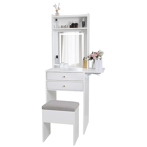 ARTETHYS Small Vanity Desk Set with 3 Adjustable Lighted Mirror and Storage Chair, Makeup Vanity Table for Small Space, White Dressing Table with Fold-up Panel for Bedroom