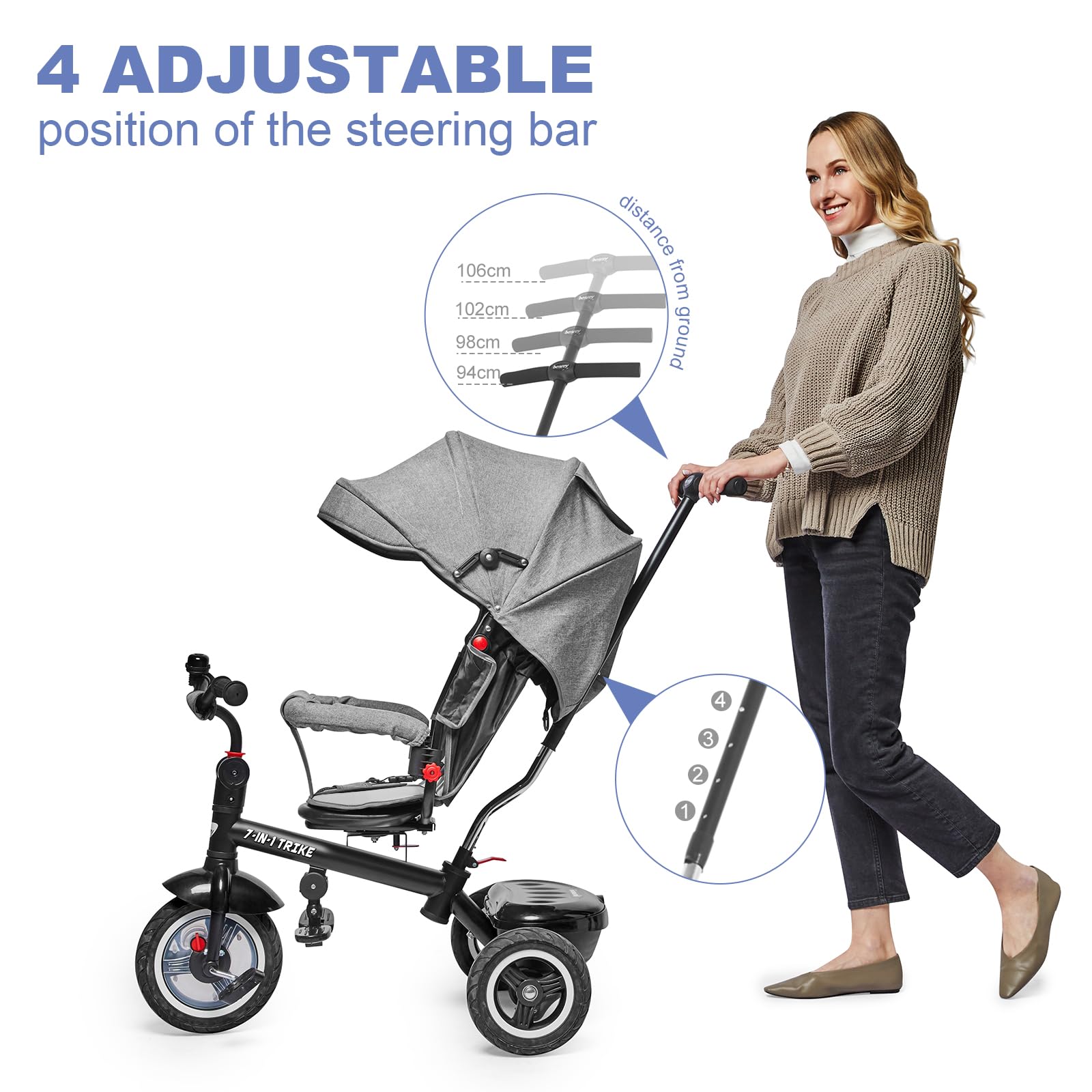 besrey Toddler Tricycle with Push Handle, Tricycle for toddlers 1-3, Baby Tricycle, Kids Tricycle, Tricycle Stroller with Push Handle, Trike for Toddlers, All Terrain Rubber Wheel, 360° Swivel Seat