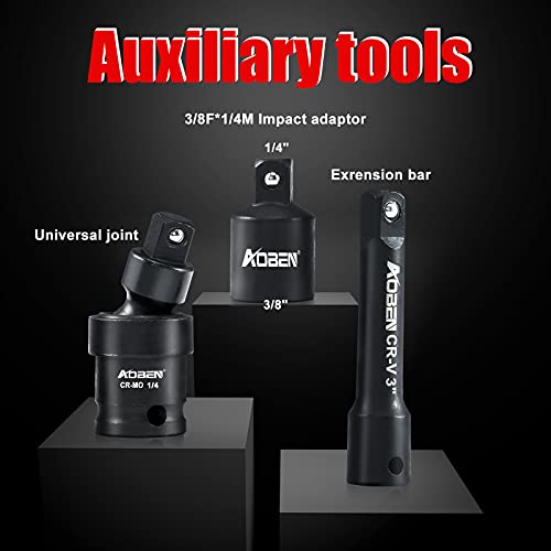 AOBEN 1/4-Inch Drive Impact Socket Set, 54 Pieces, 6 Point, SAE/Metric, (5/32" - 9/16" ,4mm -15mm),Deep/Shallow, Cr-V Steel, Includes Extension bars and Socket Adapter