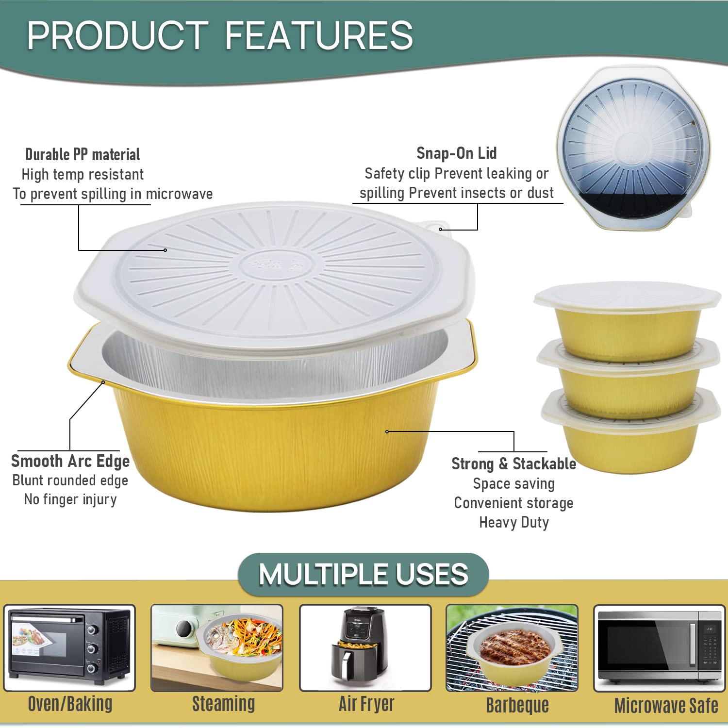 YAFIRST 20 Pcs 8" Aluminum Foil Pans with Lids, 3X Thick Heavy Duty Tin Food Containers 3lb. Disposable Cookware Baking Pans for Cooking, Baking & Meal Prep. Oven, Freezer and Microwave Safe.