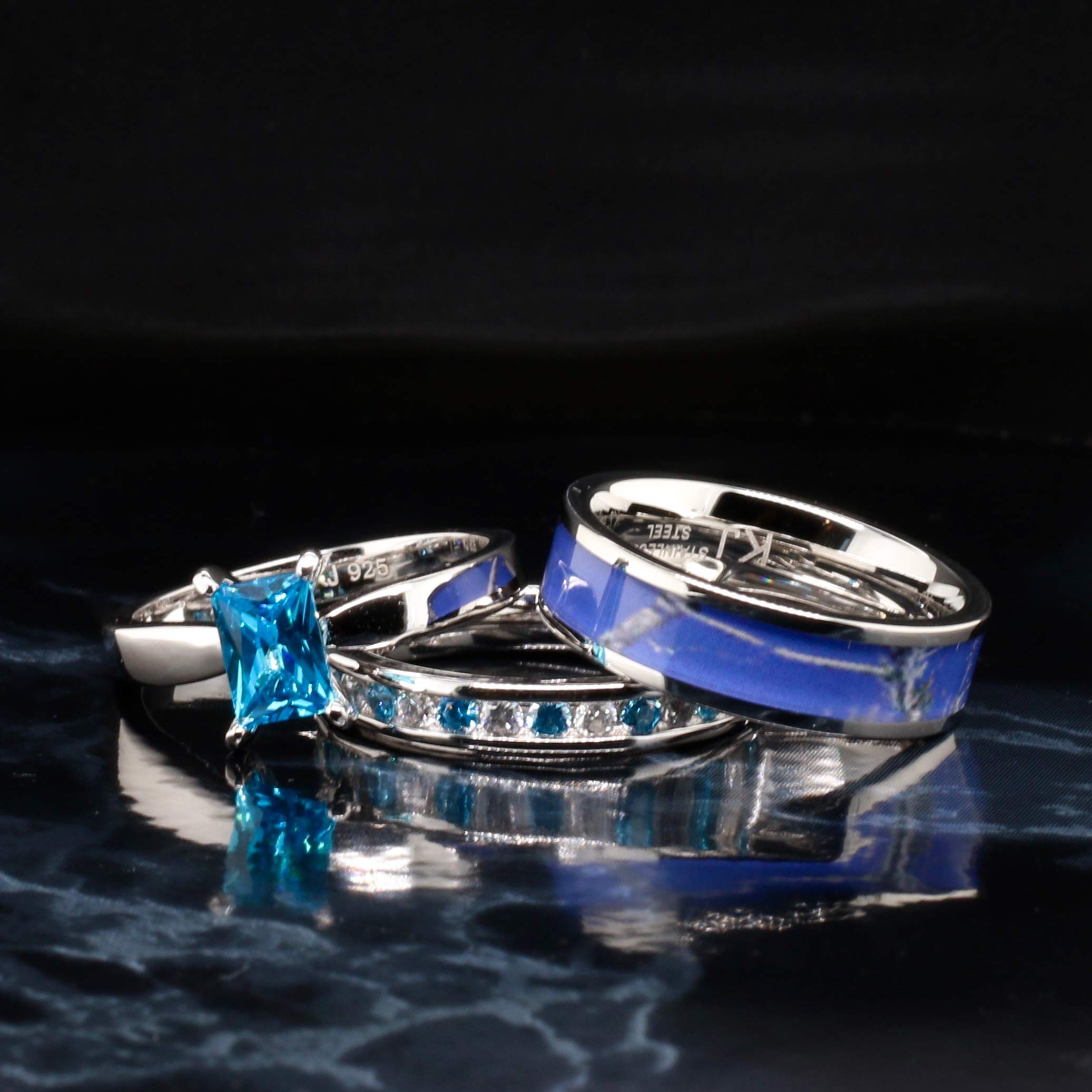 4pcs His Hers Camo Blue Radiant Stainless Steel Sterling Silver Wedding Ring Set (Size His 08, Hers 06)