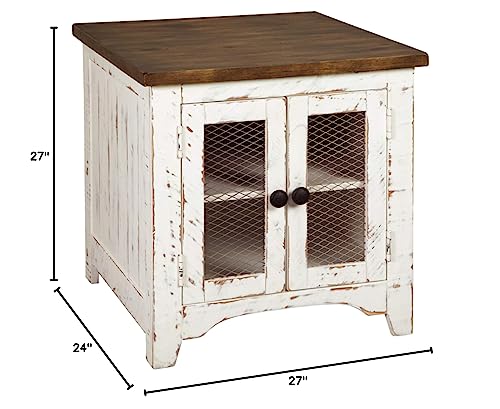Signature Design by Ashley Wystfield Farmhouse End Table with Storage, Distressed White & Brown Finish