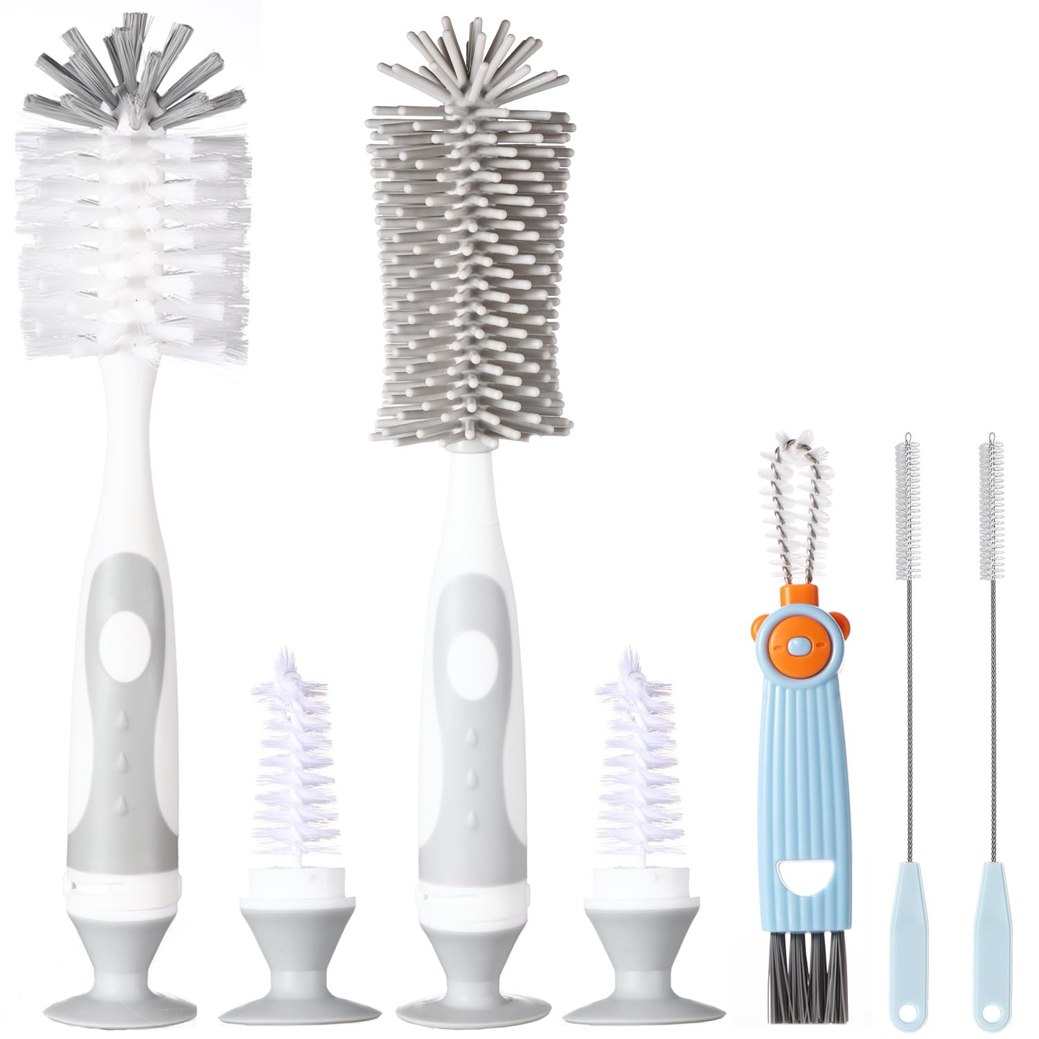5-in-1 Baby Bottle Brush Set, Bottle Brush Cleaner, Bottle Cleaner Brush Set, Including Nylon and Silicone Bottle Brush, Bottle Cap Brush, Straw Brush, Nipple Brush, BPA-Free (Grey)
