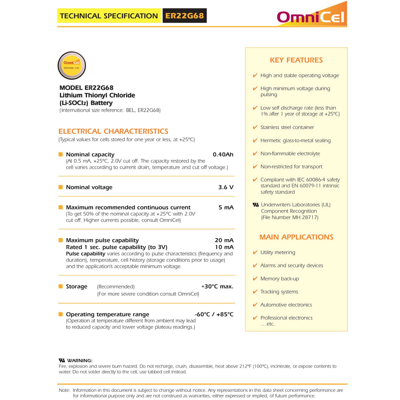 OmniCel ER22G68 3.6V 0.4Ah Bel Cell Waffer Lithium High Energy Battery Replaces Tadiran TL-4986 TL-5186 For Use With OBU Tollgate Reading Device, Security Alarm, Computer Remote Sensors,Tracking Buoys