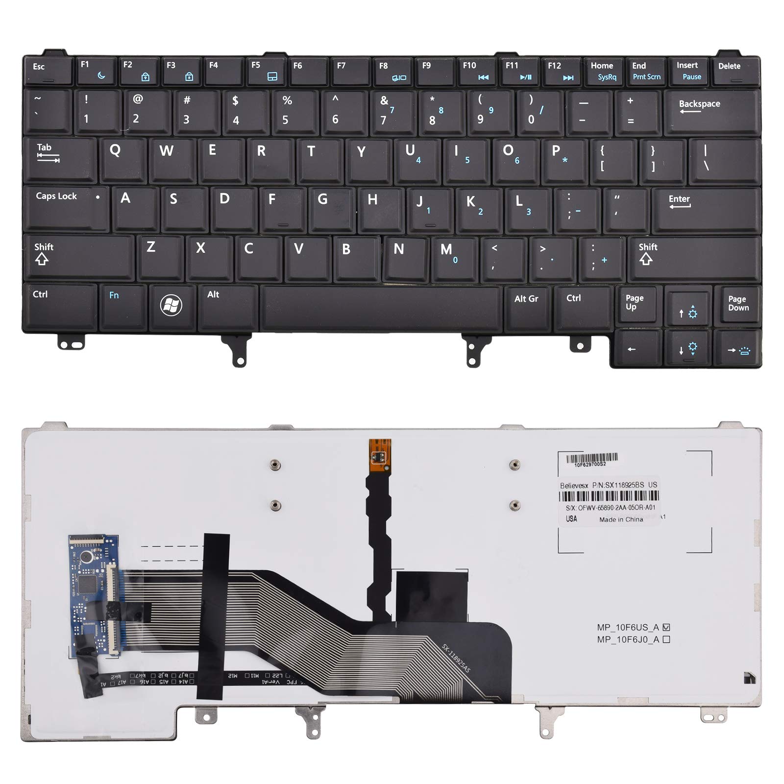 SUNMALL Replacement Keyboard with Backlit Compatible with Dell Latitude E5420 E5430 E6220 E6320 E6330 E6420 E6430 E6440 Series US Layout Black (Without Pointer Stick)