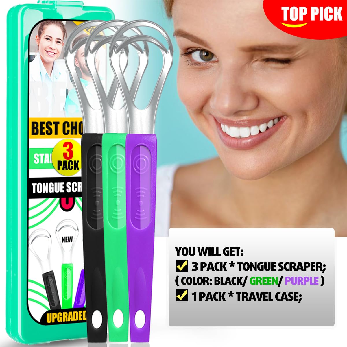 CATACC PRO 3 Pack Metal Tongue Scraper for Kids, Durable Stainless Steel Tongue Scraper Cleaner for Adults - with Travel Case