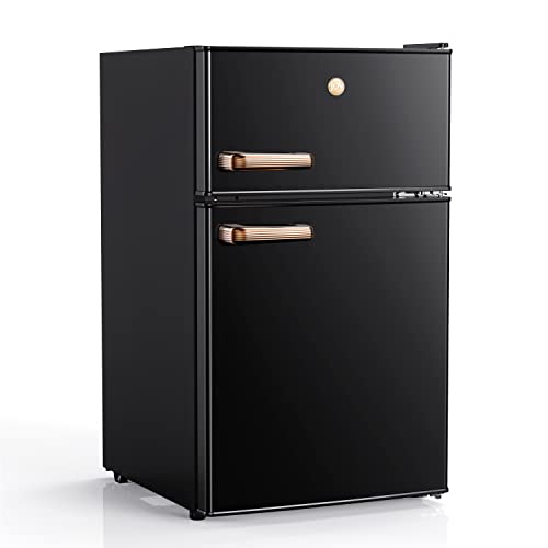 JOY Kitchen JR31TBKE10 2-Door Mini Fridge with Freezer Adjustable Thermostat, Low Noise, Energy-Efficient, Compact Refrigerator for Dorm, Office, Bedroom, 3.1 Cu Ft, Black