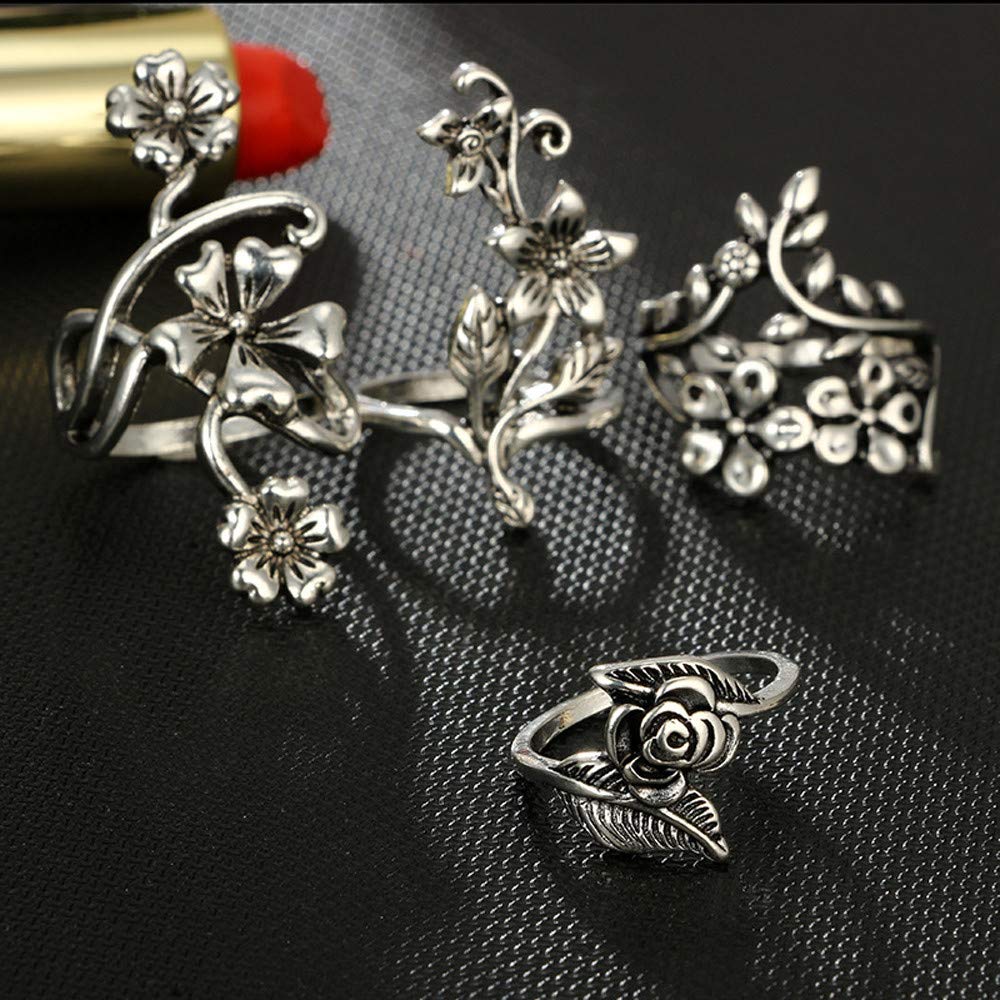 4pcs/Set Women's Bohemian Stack Set Vintage Rings (Silver, One Size)