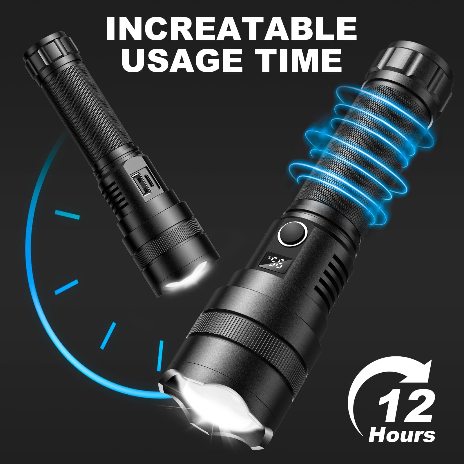 ALSTU Rechargeable Flashlights High Lumens, 990,000 Lumen Bright Flashlight with 5 Modes, Led Flash Light with Power Display & IPX7 Waterproof for Camping, Hiking, Outdoor (2 Packs)