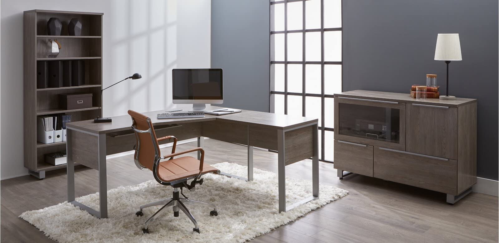 Unique Furniture Modern Zelma 5-Shelf Bookcase with Adjustable Shelves, Metal Frame Base, Freestanding for Office, Living Room, Bedroom, Library, Study Room, 13 x 32 x 72 in., Grey
