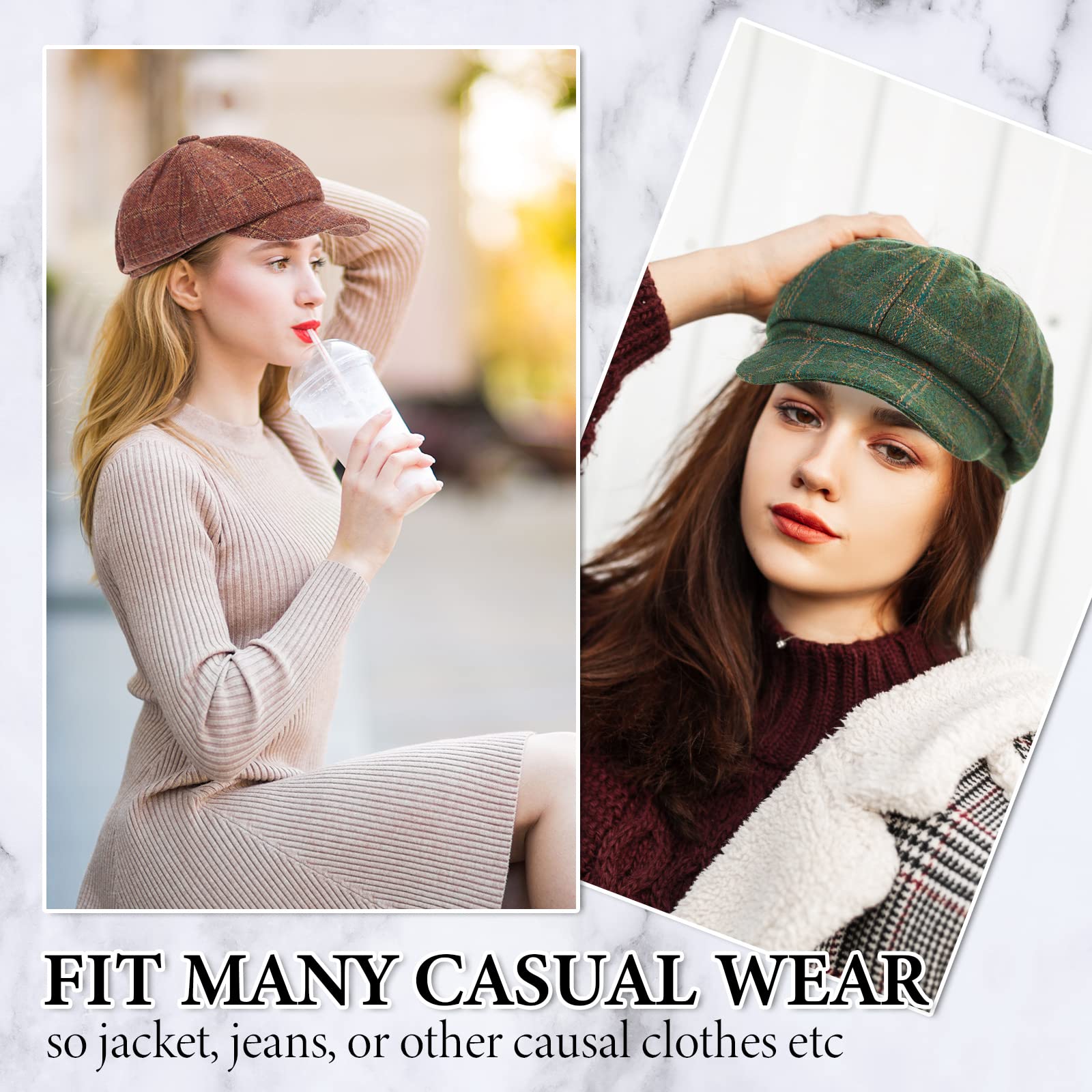 4 Pcs Women's Newsboy Hats Beret Cap All Match Girl's Cap Adjustable Octagonal Plaid Green Cap for Autumn Spring Winter