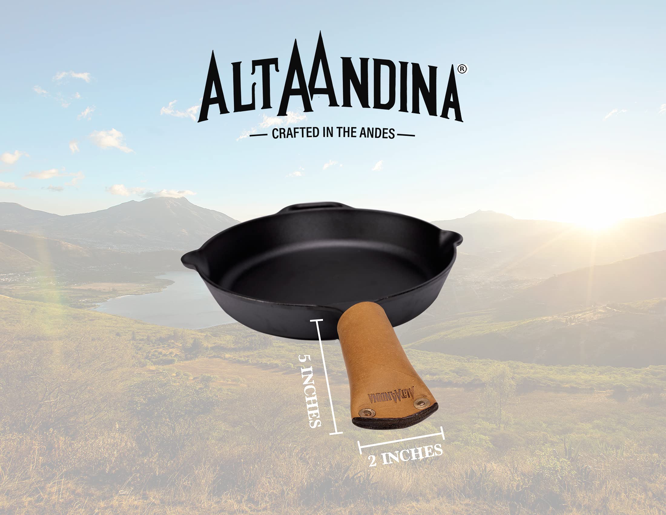 Alta Andina Leather Skillet Handle Cover | Rustic Copper Rivets | Vegetable Tanned Leather Hot Handle Holder for Cast Iron Skillets & Cookware (Brown – Miel)