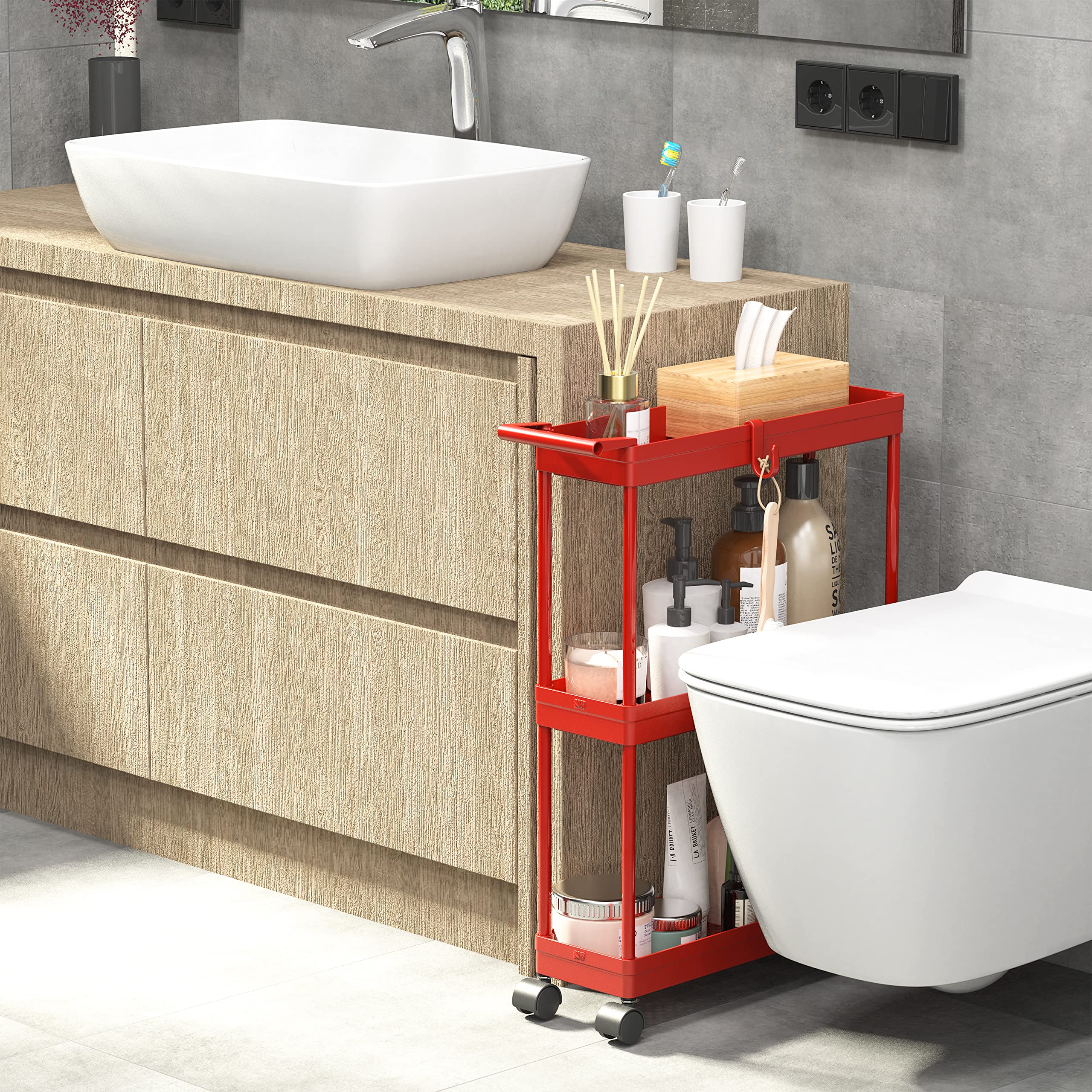 SimpleHouseware Kitchen Cart Storage 3-Tier Slim/Super Narrow Shelves with Handle, 26.5'' Height/5.5'' Width for Narrow Place, Red