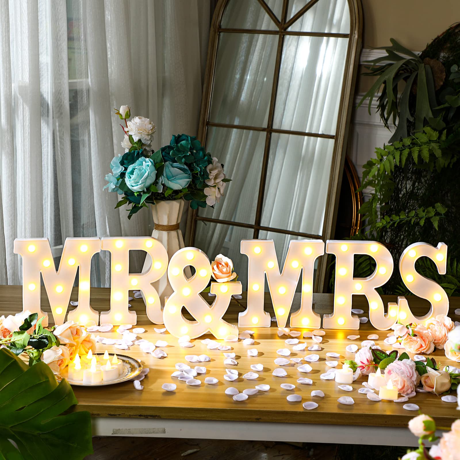 6 Pcs Mr and Mrs LED Sign 12 Pcs Flameless LED Candles 300 Pcs Artificial Rose Petals Neon Mr and Mrs Sign for Wedding Table Heart Romantic Candles Light up Letters for Romantic Night Decor (White)