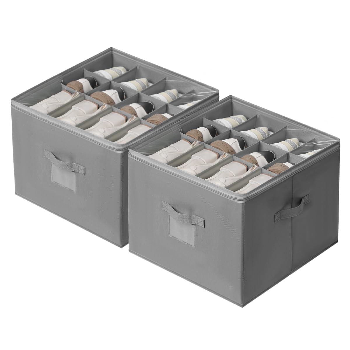 DIMJ Shoes Organizer for Closet - 24 Pairs Shoe Storage Box Foldable Shoe Organizer w/Bottom Support and Clear Cover, Shoe Boxes Space Saver Fits for Boots Heels Sneakers Sandal Grey, 2 Pack