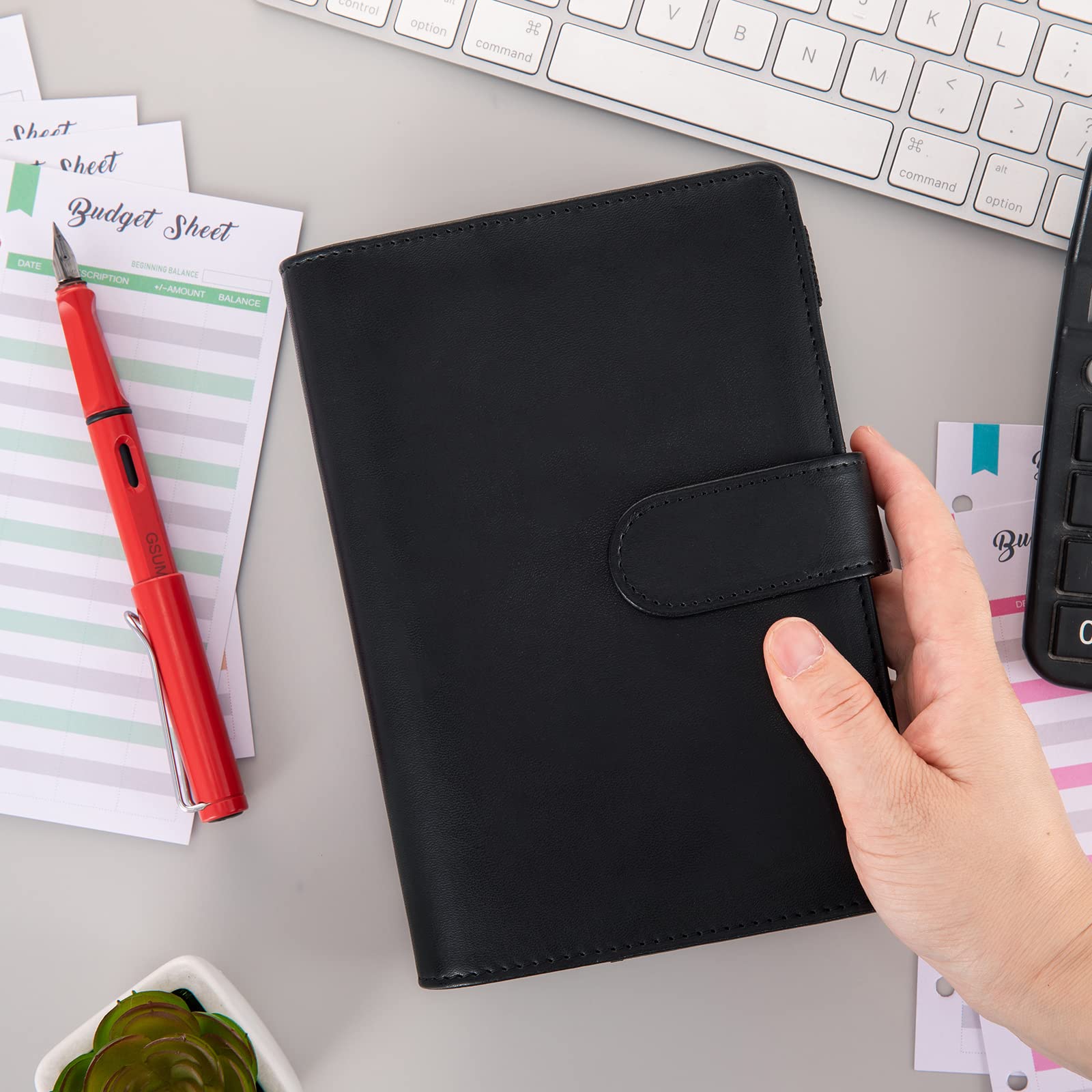 A6 Budget Binder with 8pcs Zipper Cash Envelopes, Pu Leather Cash Organizer for Money Saving with 12pcs Bill Budgeting Sheets Black