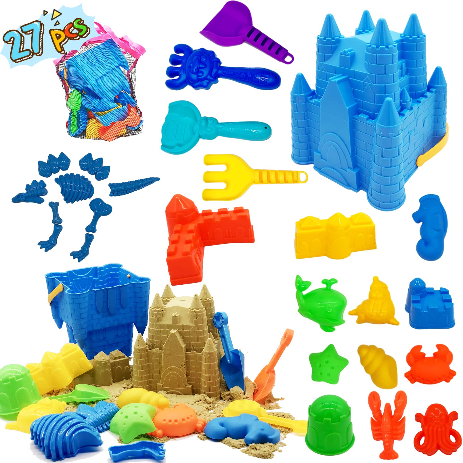 Beach Sand Toys for Kids, 27 pcs Beach Toys Castle Molds Sand Molds, Beach Bucket, Beach Shovel Tool Kit, Sandbox Toys for Toddlers, Beach Accessories Outdoor Indoor Play Gift 1 Bonus Mesh Bag