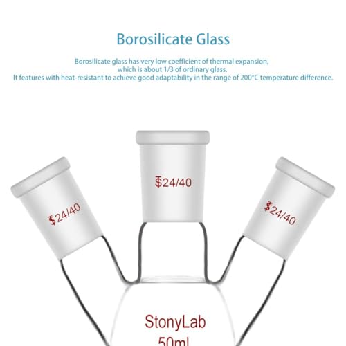 StonyLab Glass 50ml Heavy Wall 3 Neck Round Bottom Flask RBF, with 24/40 Center and Side Standard Taper Outer Joint β 50ml