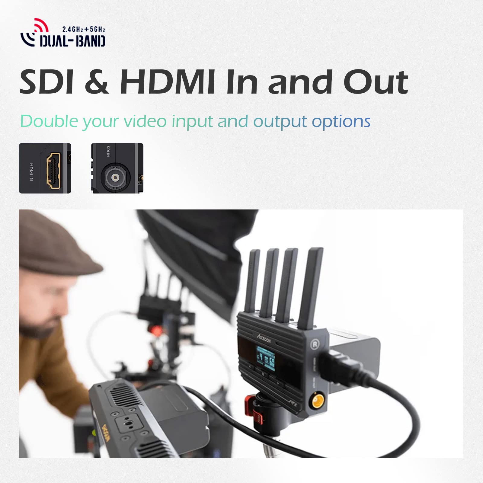 Accsoon CineView Quad Multi-Spectrum Wireless Video Transmission System 2.4GHz + 5GHz 60ms Latency 500 ft/150m Transmission Range SDI & HDMI Monitor Up to 4 iOS or Android Devices for Live-Streaming