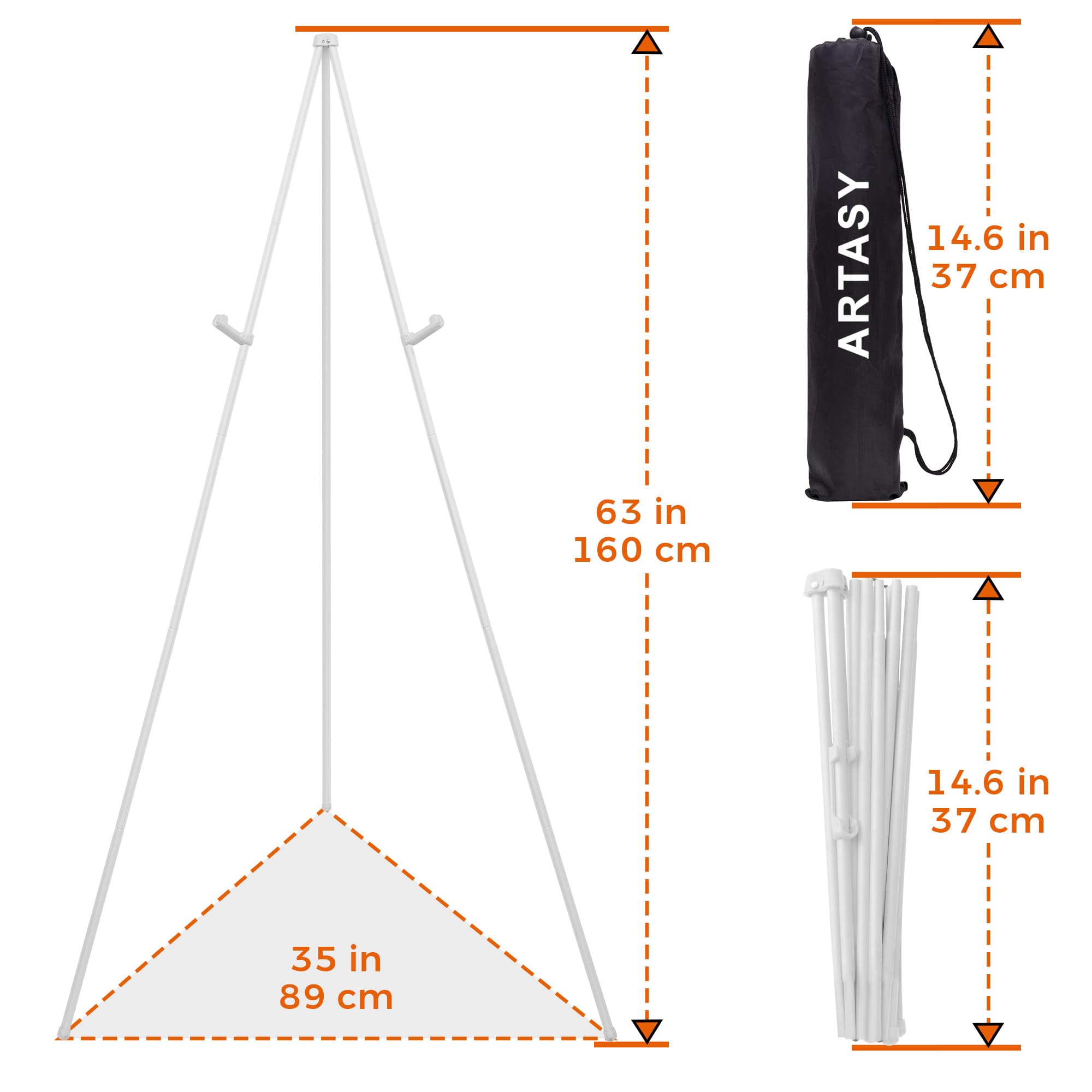 ARTASY 63" Easel Stand for Wedding Signs, Posters, Portable Artist Easel for Painting Canvas, Tripod for Home and Office, Supports 5 lbs-White 1/Pack