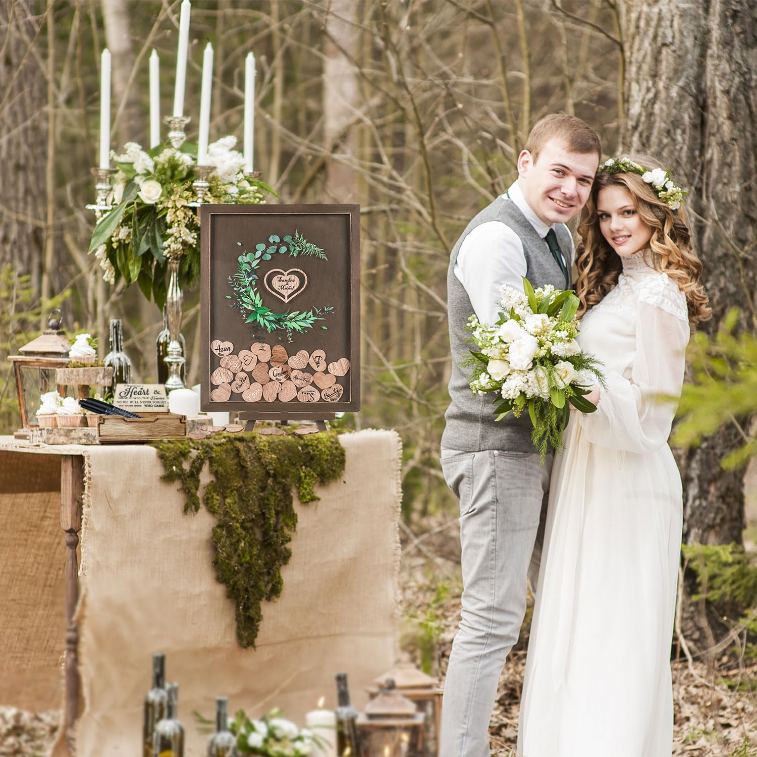 Verveia Wedding Guest Book Alternative,Heart Drop Wood Guest Book with Stand,80 Wooden Hearts,2 Pens,Rustic Wedding Decorations for Reception Sign Book for Baby Shower Birthday Graduation Party