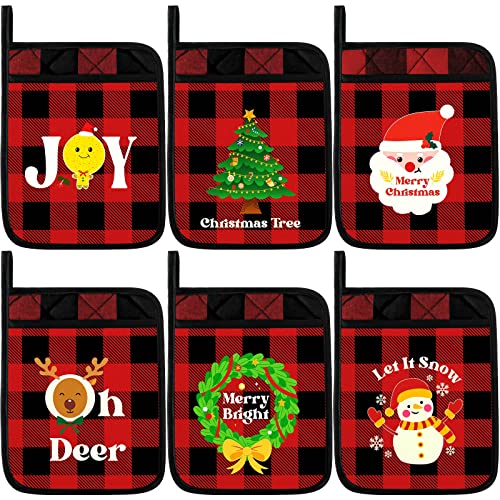 6 Pcs Red and Black Buffalo Plaid Pot Holders Heat Resistant Christmas Potholders with Pocket Reusable Oven Mitts Christmas Hot Pads for Kitchen Decoration Cooking Baking BBQ (Snowman)