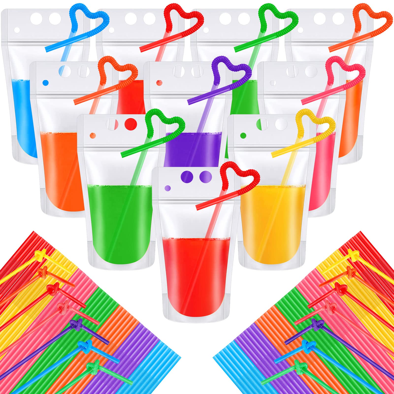500 Count Summer Plastic Drink Pouches with Straws Heavy Duty Handheld Translucent Reclosable Drink Bags Portable Liquor Pouches Zipper Plastic Pouches for Cold and Hot Drinks for Adults and Kids