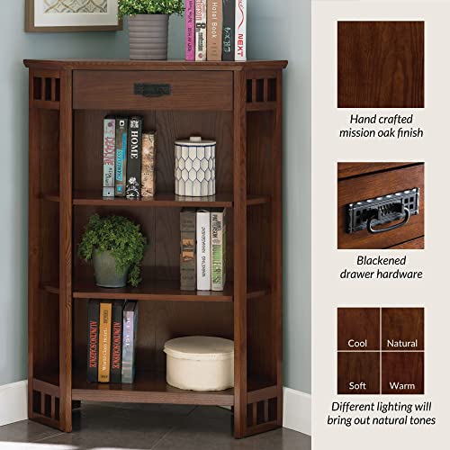 Leick Home 82263 Mantel Height 3 Shelf Corner Bookcase with Drawer Storage, Mission Oak, Brownbronze