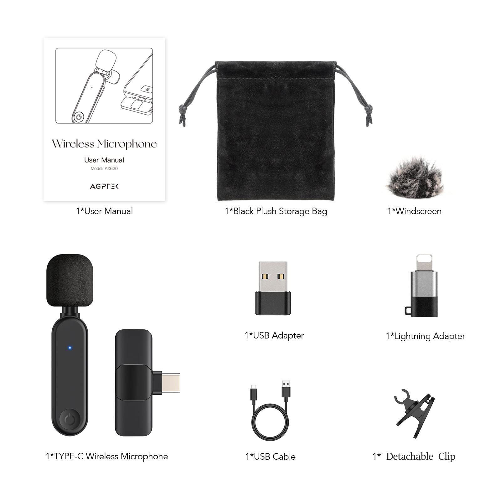 AGPTEK Wireless Lavalier Microphones, Wireless Clip Mic, Lapel Clip-on Microphone for Smartphone, Laptop, Vlog, Recording, Interview, Tiktok, Facebook, YouTube, Live Stream