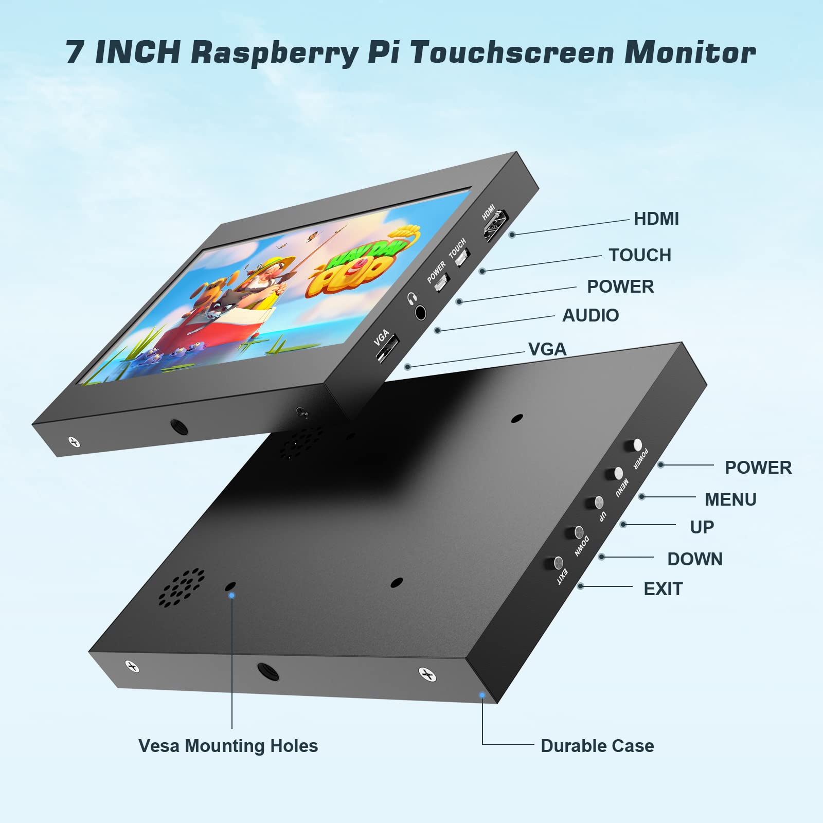 APROTII RasPi Touchscreen Monitor, 1024X600 7" IPS RasPi Screen with Case, Capacitive Touch Screen Display USB/HDMI for PC Phones RasPi 4B 3B+ 3B 3A+ 2B B+ (with Stand)