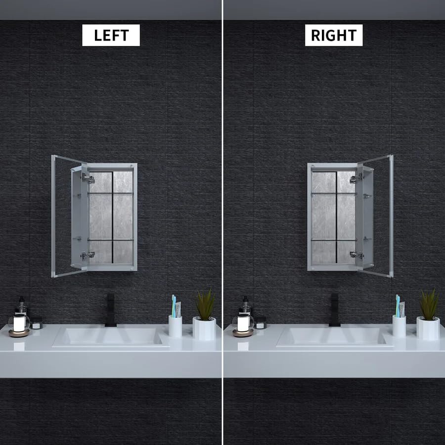 Liviza 12 in.W x 24 in.H Frameless Wall Recessed or Surface-Mount Bathroom Medicine Cabinet with Beveled Single Mirror, Built-in 3-Tier Glass Shelf, Copper-Free Silver Mirror, Silver Aluminum Frame