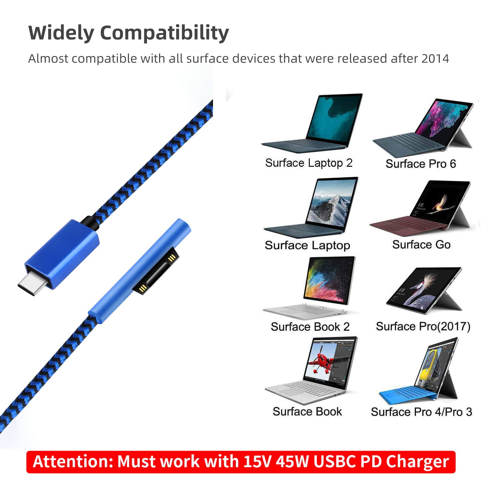 Sisyphy Nylon Braided Surface Connect to USB-C Charging Cable (6ft Blue), Requires 45W 15V/3A USB-C Charger PD Power Supply, Compatible with Microsoft Surface Pro7/6/5/4/3 Go 3/2/1 Laptop