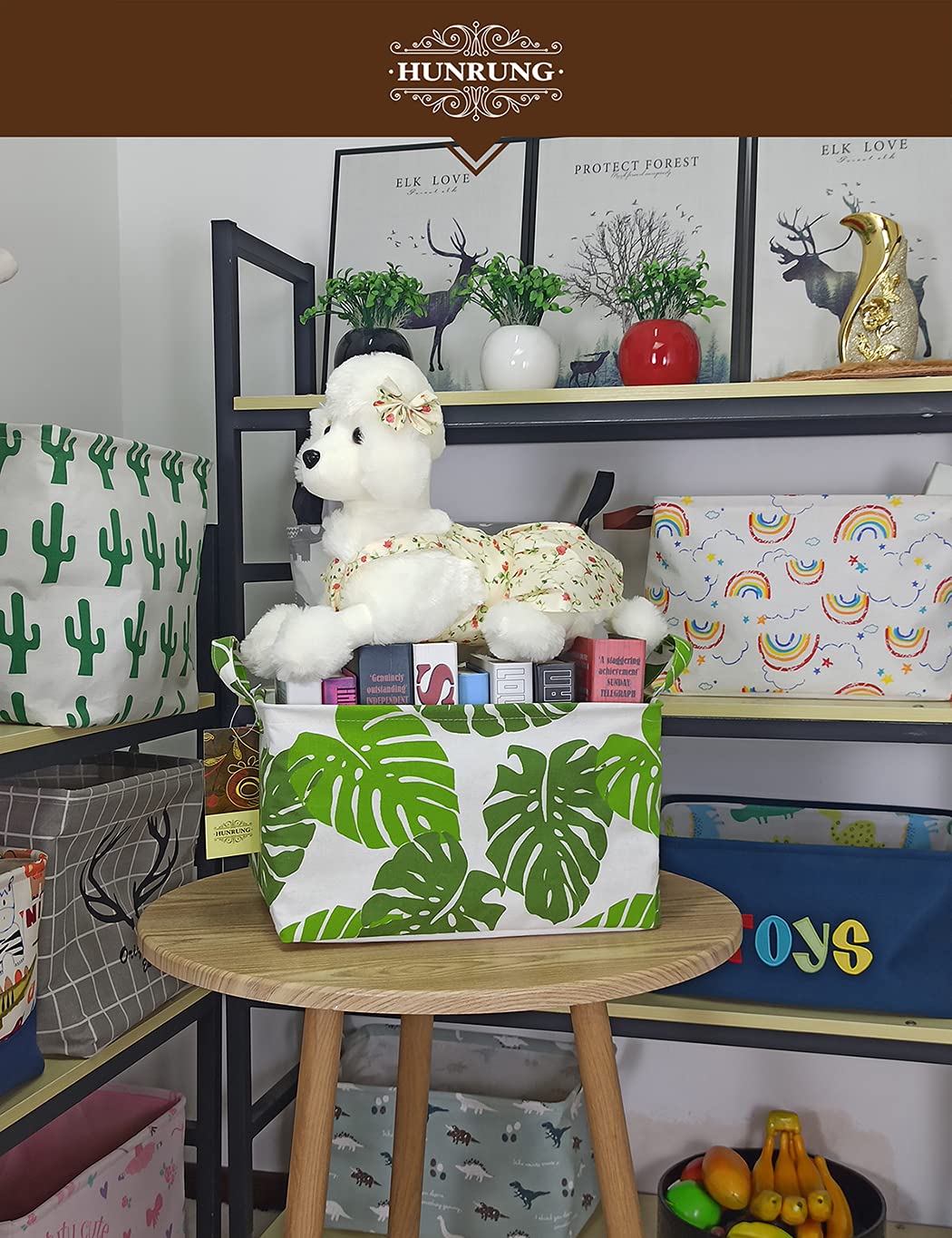 HUNRUNG Rectangle Storage Basket Cute Canvas Organizer Bin for Pet/Children Toys, Books, Clothes Perfect for Rooms/Playroom(Leaf)