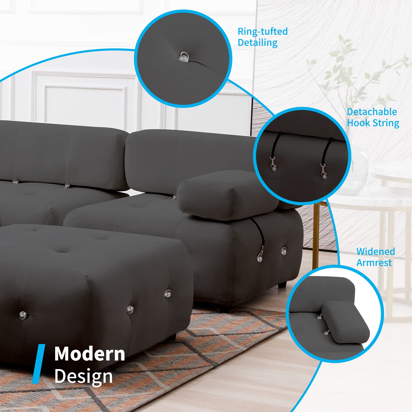 Mjkone Modular Sectional Sofa with Reversible Chaise, Velvet L Shaped Cloud Couch with Reversible Ottoman, 4 Seater Couch Button Tufted Designed, DIY Combination Sofa for Living Room, Dark Grey