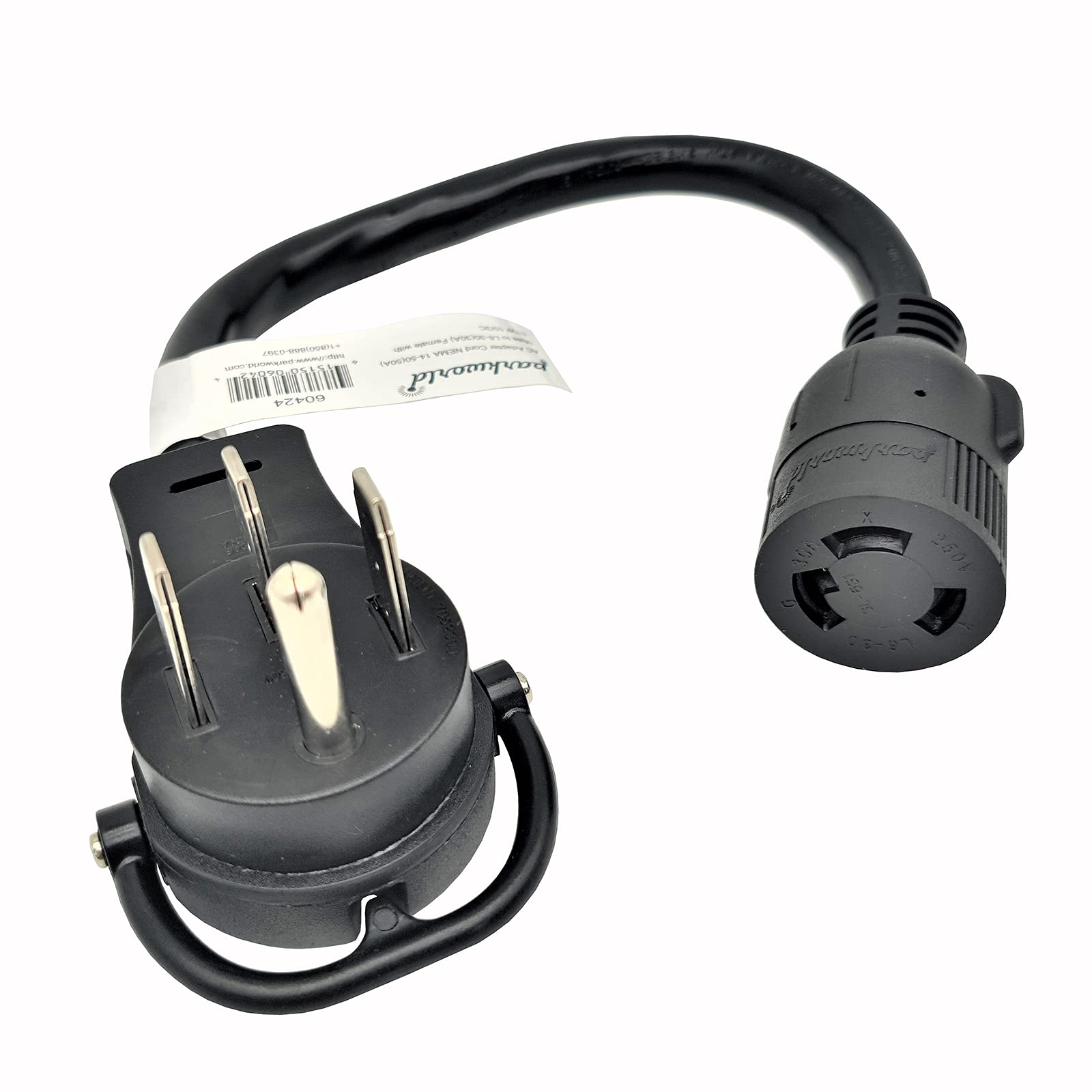 Parkworld 60424 RV Adapter Cord 50 Amp 14-50P Male Right Angle to 30 Amp L6-30R Locking Connector Female (1.5FT)