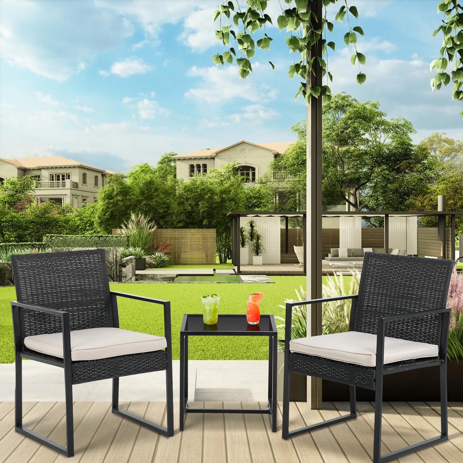 PayLessHere 3-Piece Rattan Wicker Bistro Set Outdoor Conversation Set Sturdy Frame Wicker Furniture with 2 Chairs Cushions Tempered Glass Table for Poolside Balcony Patio Bar Garden (Khaki)