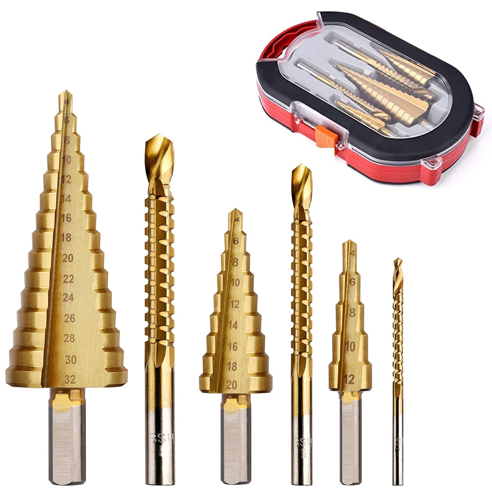 6 Pcs Titanium Coated Step Drill Bits Set, 3 Sizes of Step Drill Bits and 3 Sizes of Twist Drill Bits, High Speed Steel Drill Bits Set for Metalworking, Woodworking Tools, Hole Drilling