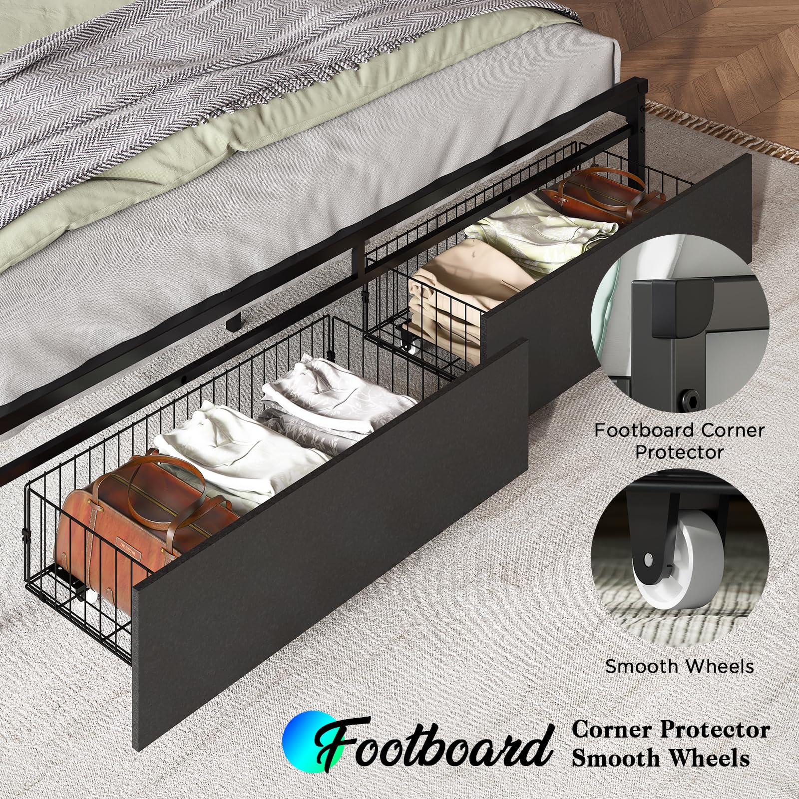 Albott Queen Storage Bed Frame with 2 Drawers, Platform Bed with 2-Tier Storage & Leather Upholstered & Charging Station Headboard, No Box Spring Needed, Noise Free, Easy Assembly, Black